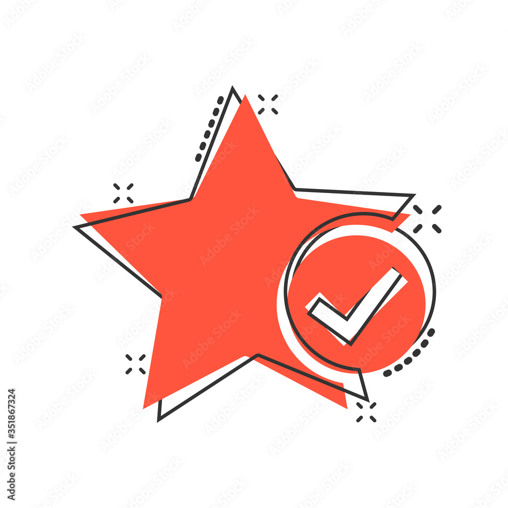 Check mark with star icon in comic style. Add to favorite cartoon ...