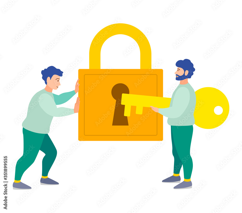 People together unlock the key with a lock. Concept with tiny people ...