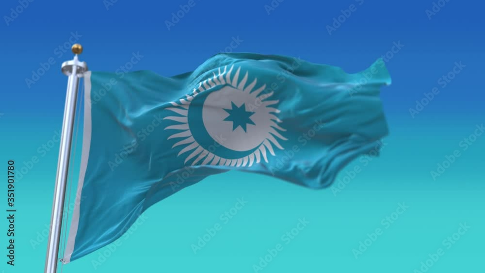 4k Turkic Council flag;cloth texture slow seamless loop waving with ...