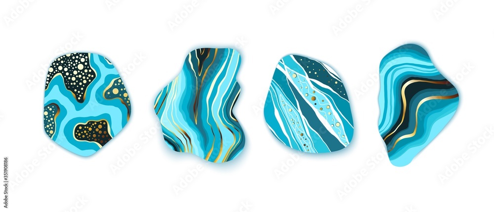 Set of blue, golden, turquoise stones. Natural shapes and marbled ...