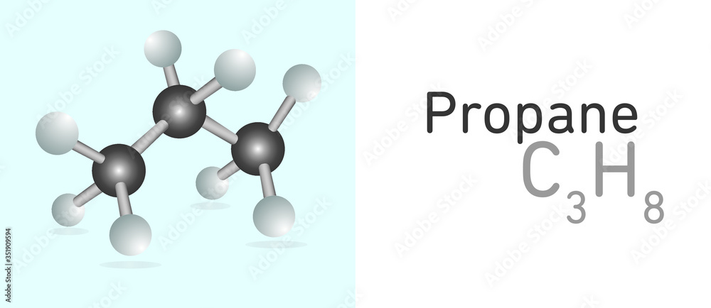 Propane (C3H8) fuel molecule. Stick model. Structural Chemical Formula ...