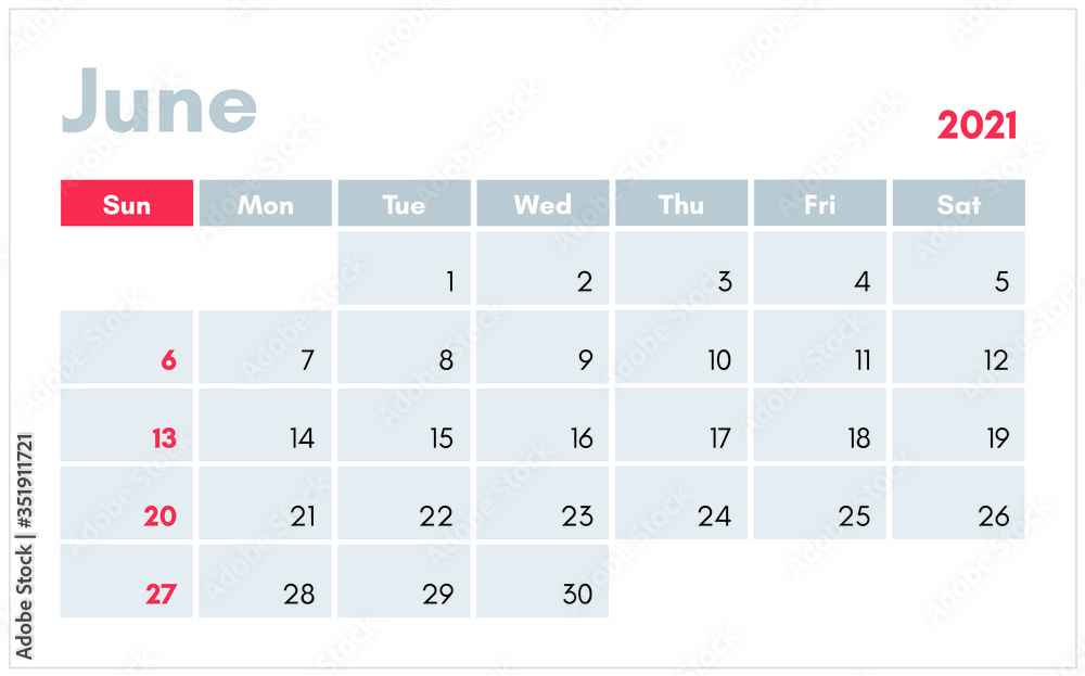 June 2021 calendar in english. Vector illustration for print and ...