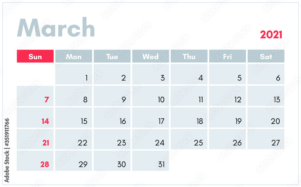 March 2021 calendar in english. Vector illustration for print and ...