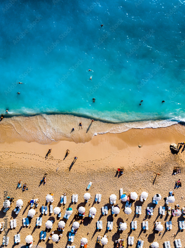 Aerial View From Flying Drone Of People Crowd Relaxing On Beach ...