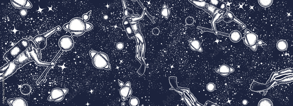 Astronaut in deep space and universe. Seamless pattern. Diver floats in ...