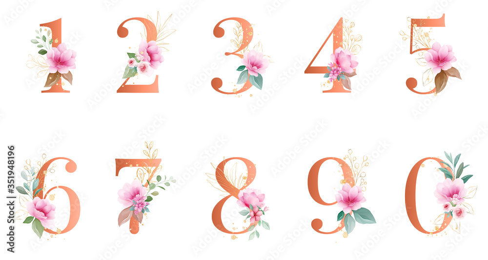Gold watercolor floral number. Digits 1, 2, 3, 4, 5, 6, 7, 8, 9, 0 with ...