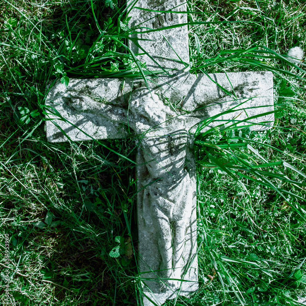Ancient stone statue of crucifixion of Jesus Christ. Very old and ...