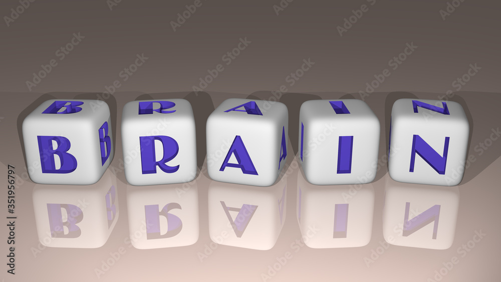 alphabetic Brain arranged by cubic letters on a mirror floor, concept ...