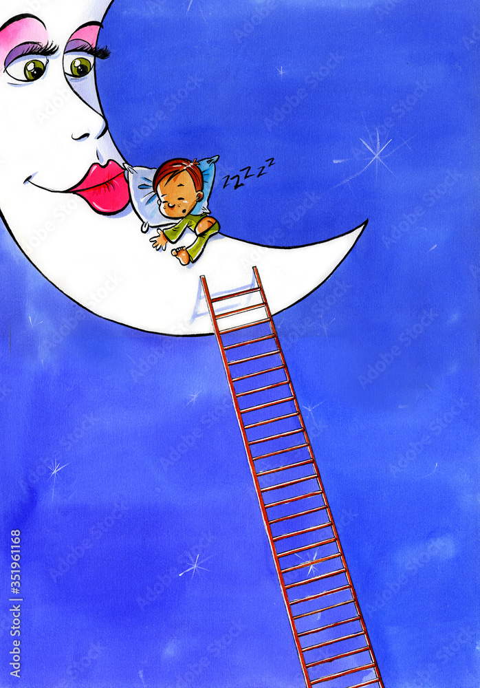 sleeping boy on the bed of the white moon, with a humanized face, which ...