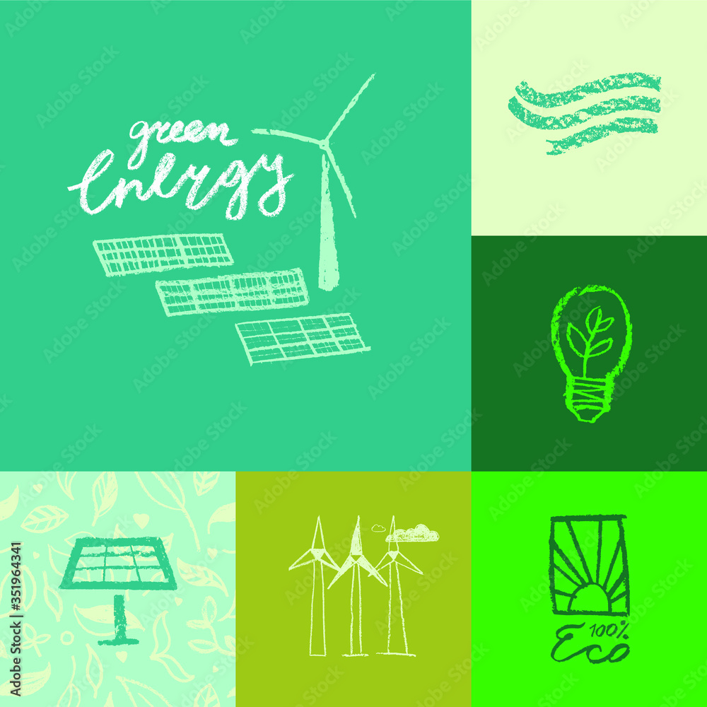 Green energy symbols in doodle style on herbs pattern background ...