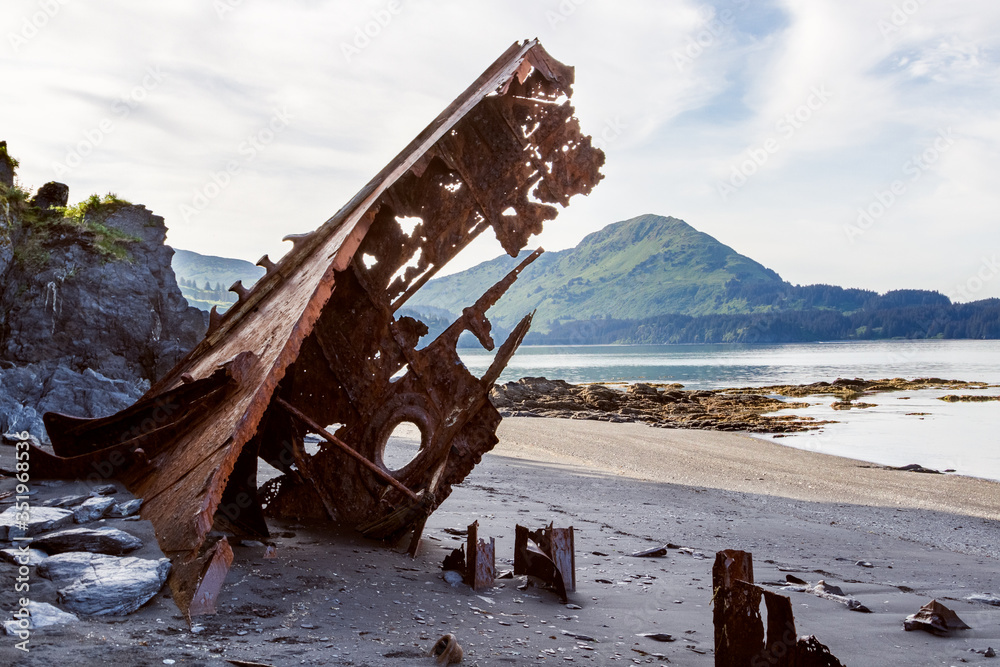 shipwreck on Kodiak, Alaska beach Landscape pirate ship Stock Photo ...