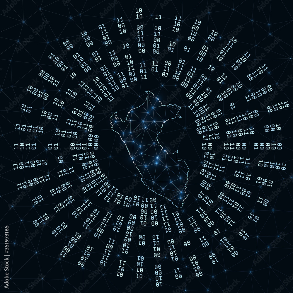 Peru digital map. Binary rays radiating around glowing country ...