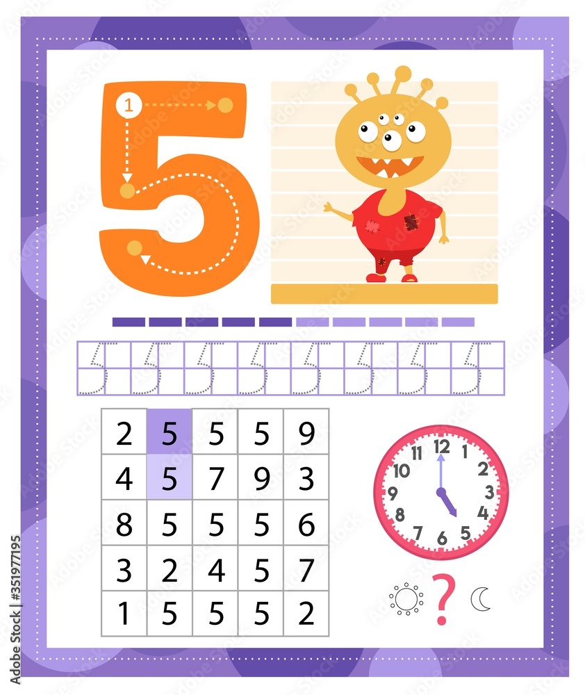 Learning Number 5 with funny monster. Coloring printable worksheet for ...
