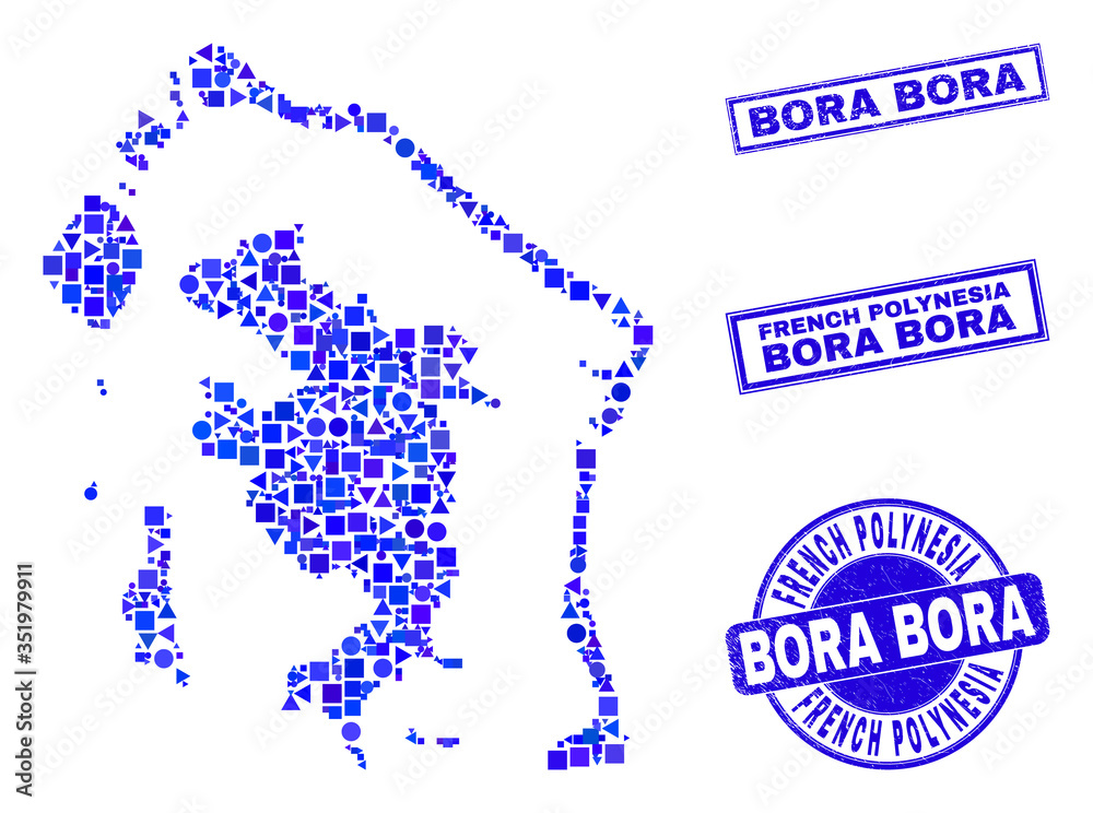 Vector mosaic Bora-Bora map. Geographic collage in blue color tones ...