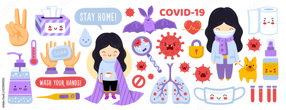 Big set of coronavirus prevention elements. Covid-19 stickers ...