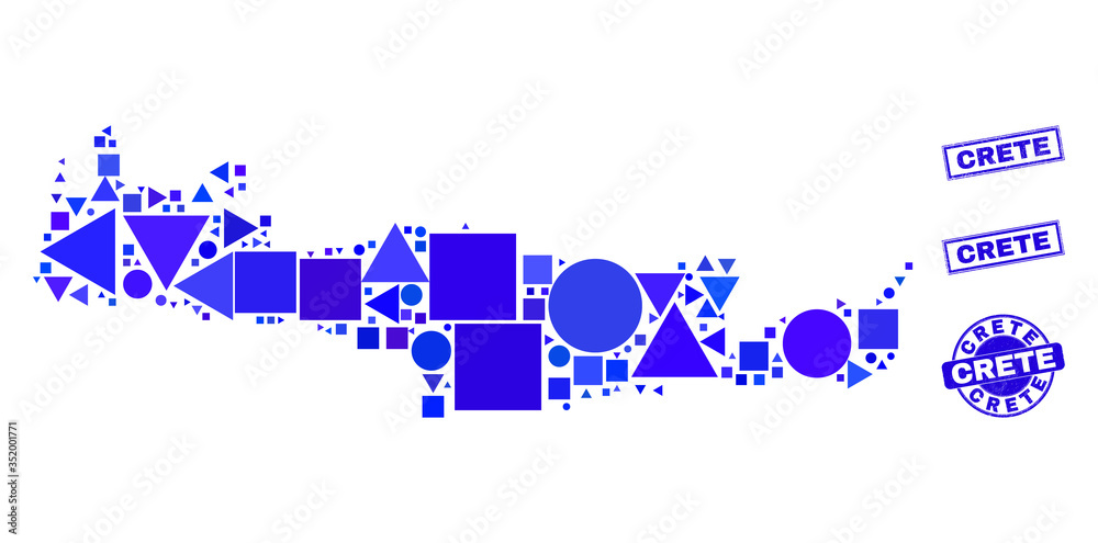 Vector mosaic Crete map. Geographic plan in blue color shades, and ...