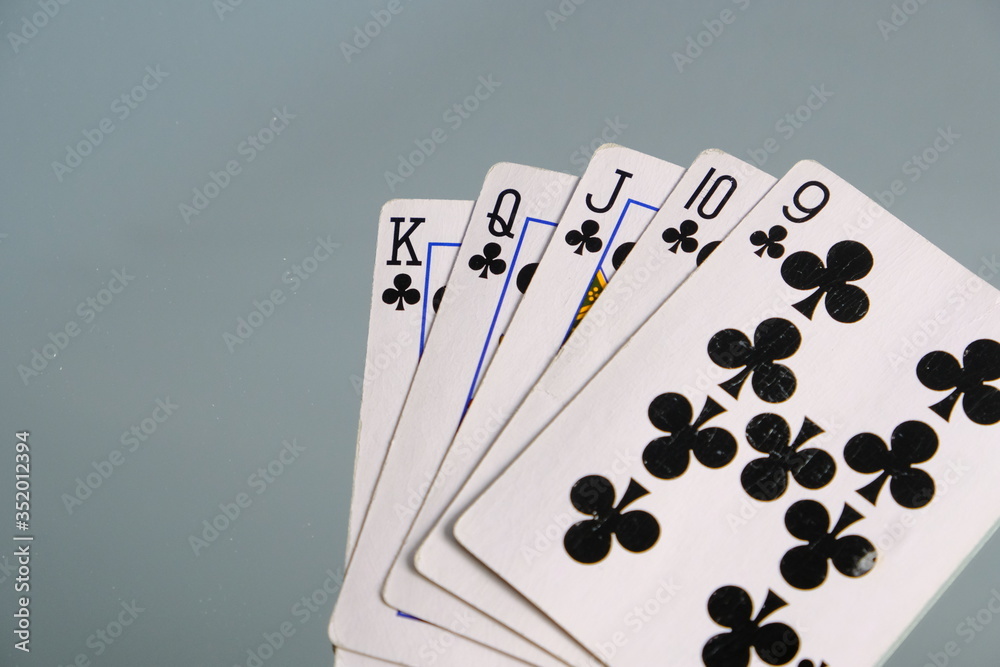 Club Straight Flush Playing Cards. Five card hands. Nine, Ten, jack ...
