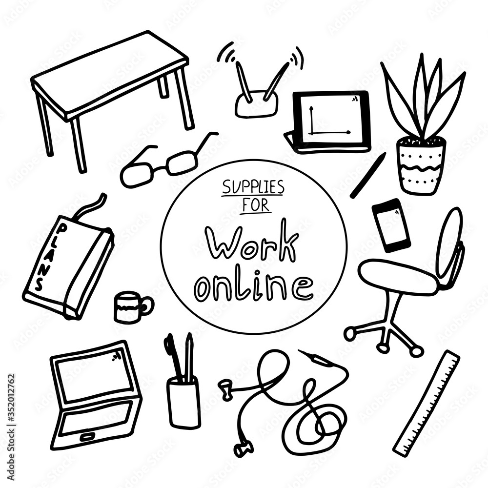 Vector set of elements for working online at home. Drawn by hand in ...