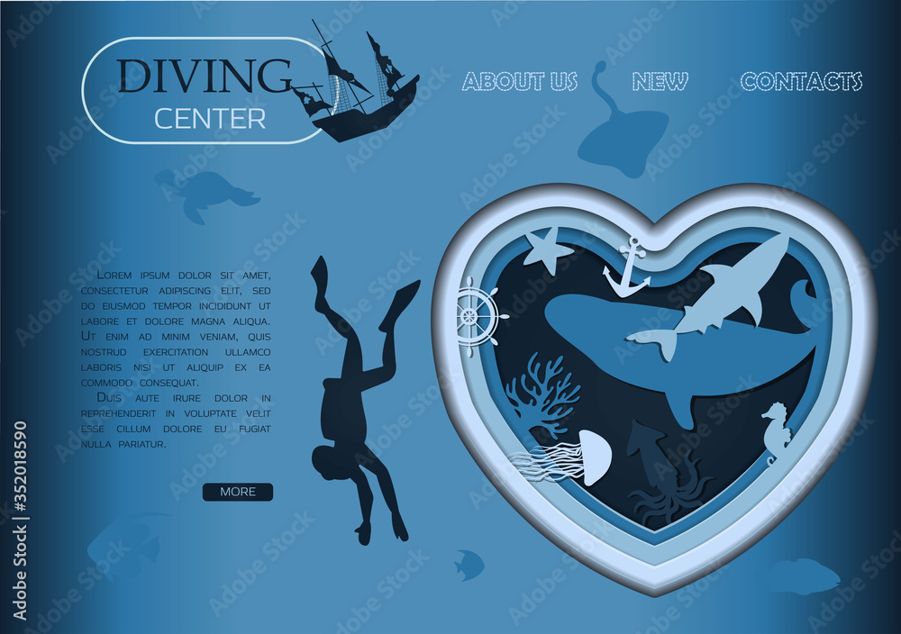 Scuba diving, deep diving and marine life cut out of paper. Vector ...