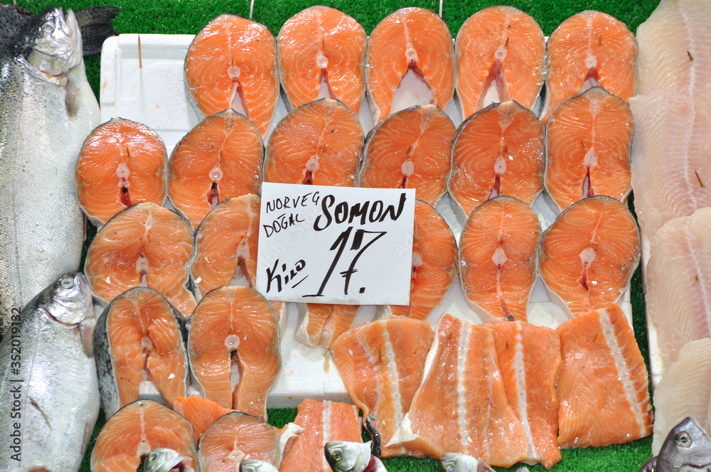 Clean fish are sold fresh at fish market, fresh salmon fish, somon sold ...