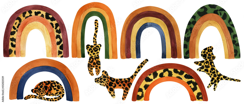 Watercolor set of rainbow with leopard print, cartoon leopard on ...