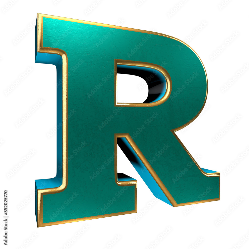 3d render letter r. Blue and gold font isolated on white background ...