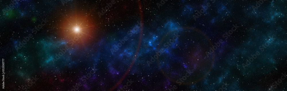 Starry night sky space background with nebula in deep space and lens ...