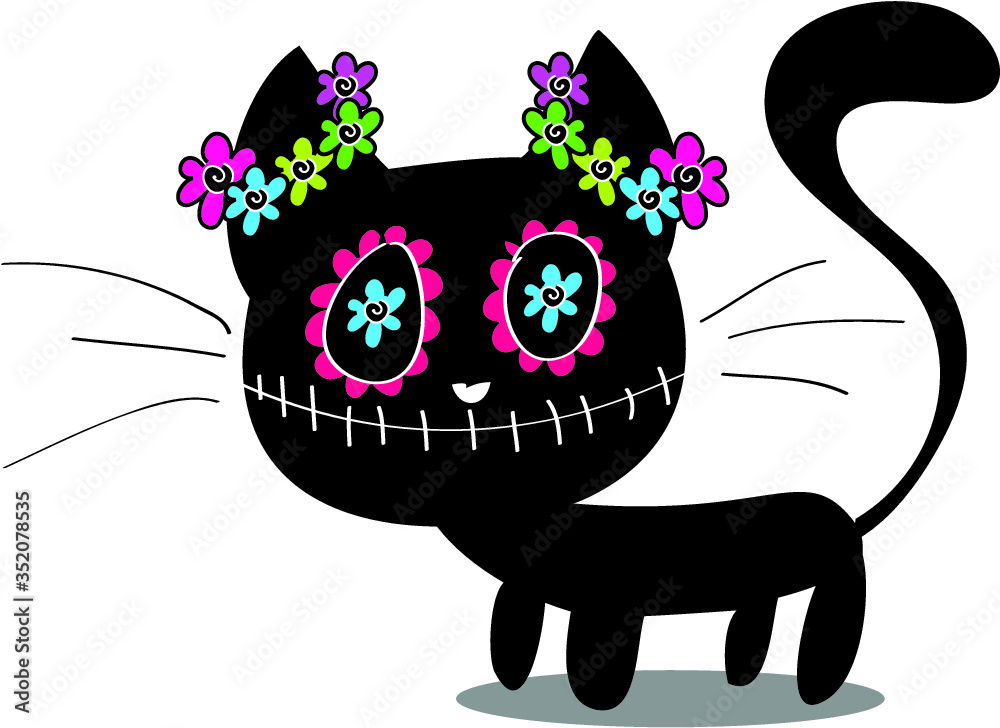 Cute Dia De Los Muertos day of the Dead inspired black cat with flowers ...