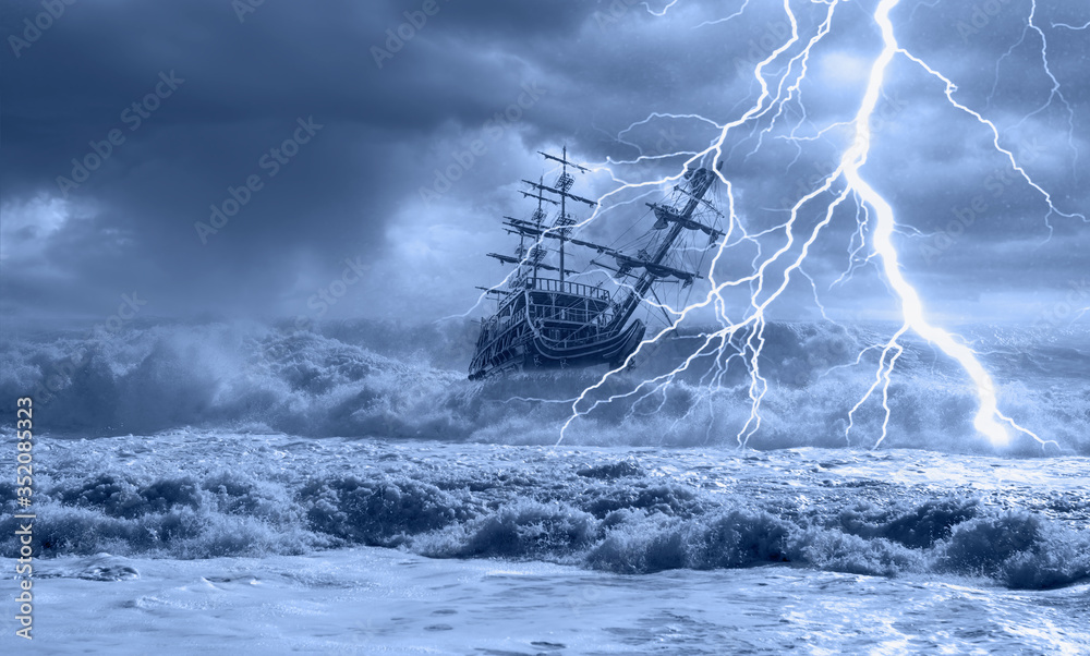 Lightning Storm At Sea Ship