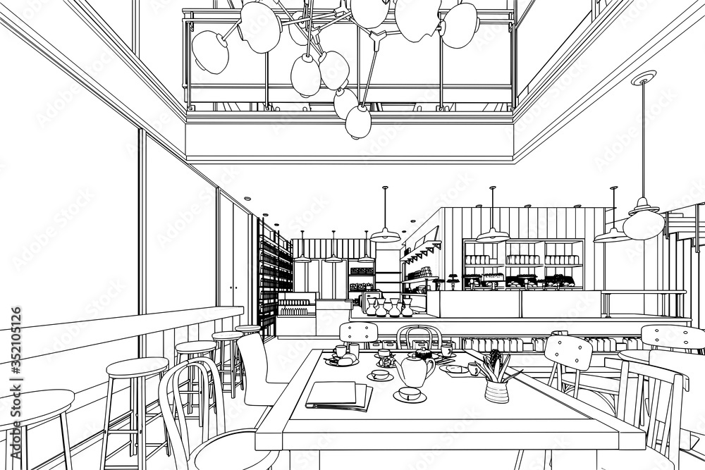 outline sketch drawing interior perspective of house Stock Illustration ...
