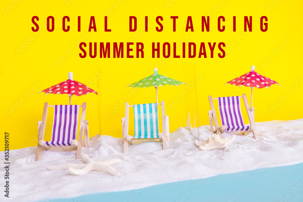 COVID 19 protection on beach vacation. Separation, social distancing at ...