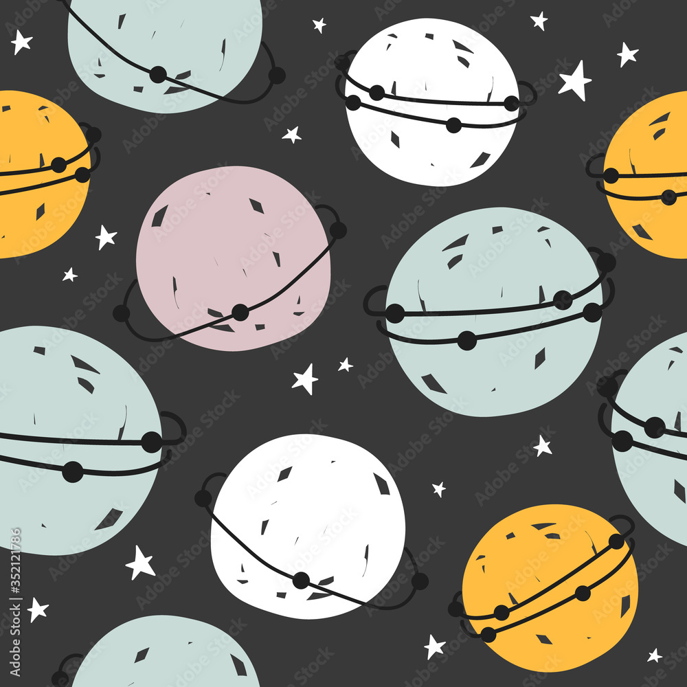 Stars, planets, seamless pattern vector. Hand drawn backdrop, sky ...
