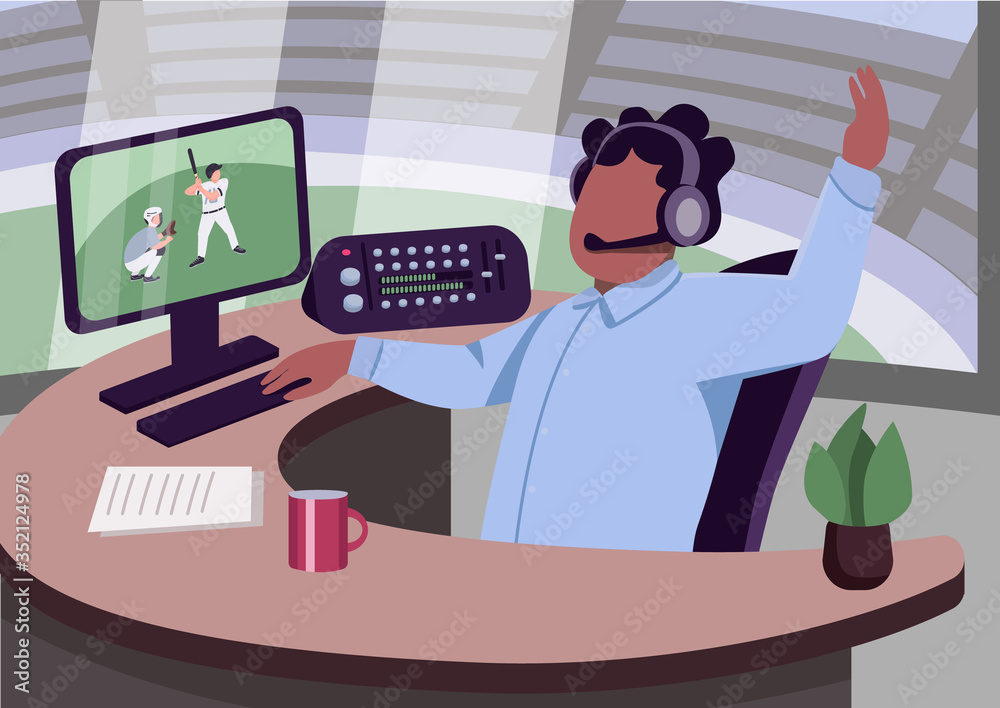 Sports commentary flat color vector illustration. African american ...
