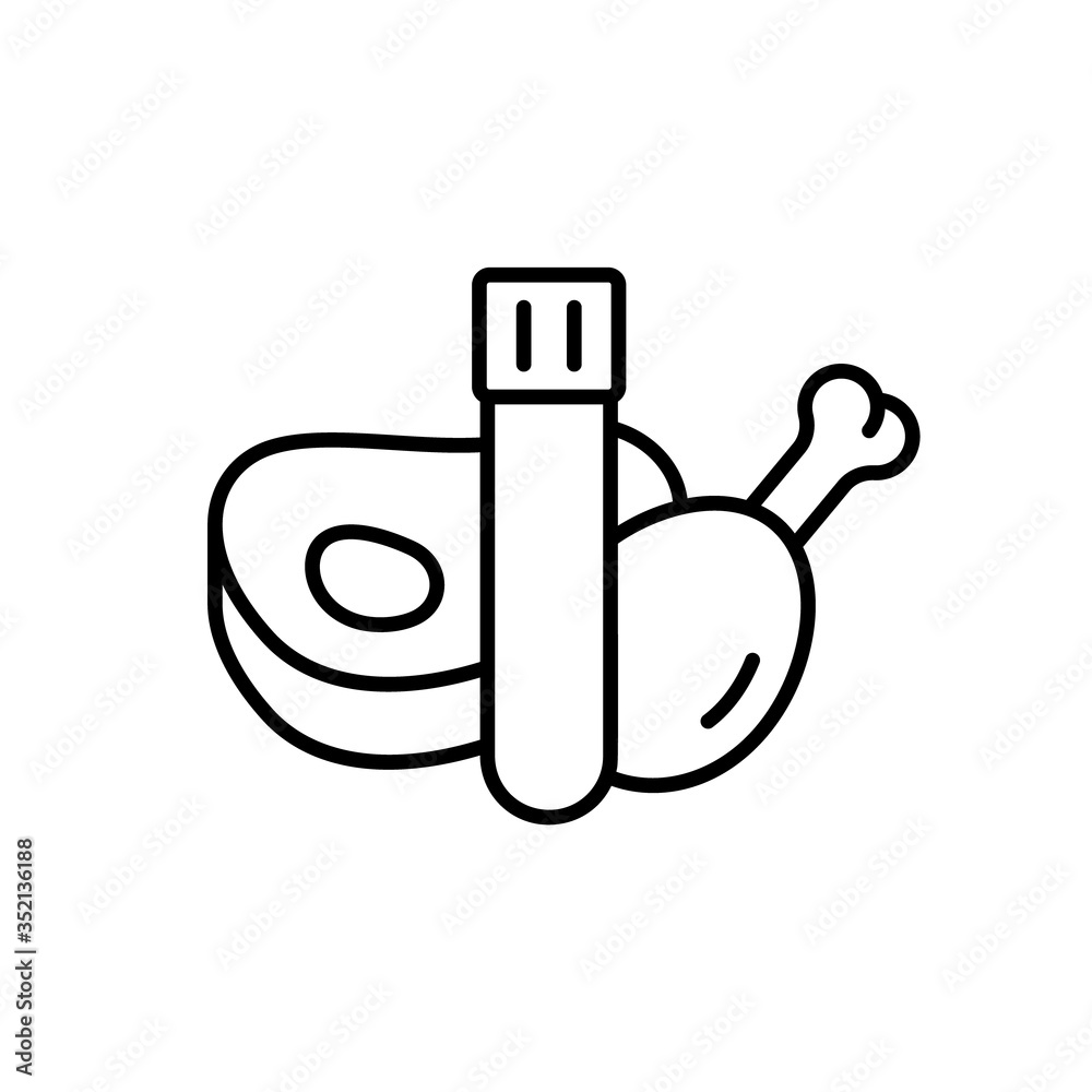 Cultured meat icon. Test tube, chicken leg, steak. Linear emblem of lab ...