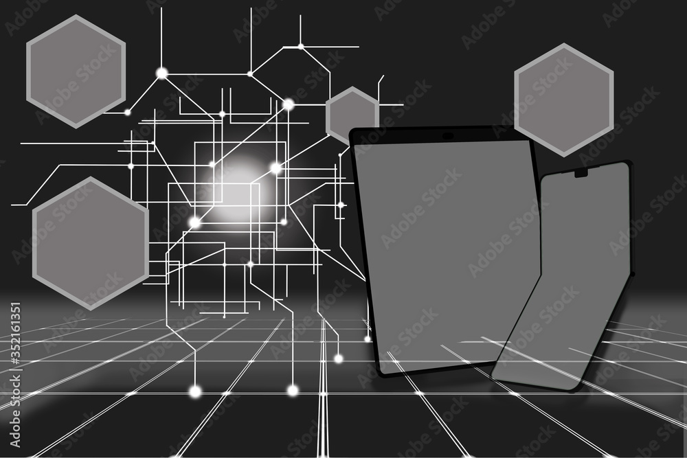 3d illustration of folding cell and tablet connecting to AI digital ...