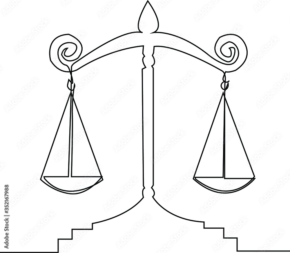 Continuous line drawing of scales of justice isolated on a white ...