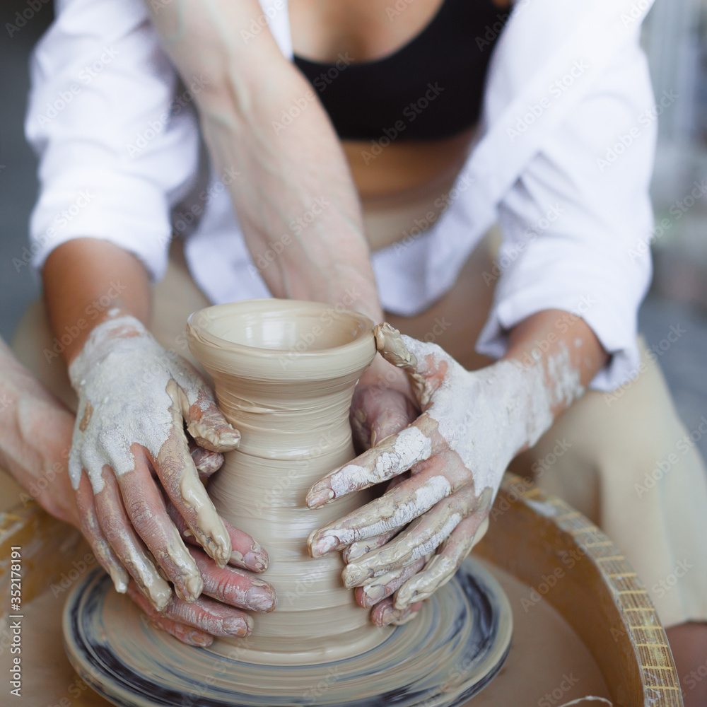 Old Hand Experienced Male Potter Working with Female Apprentice ...