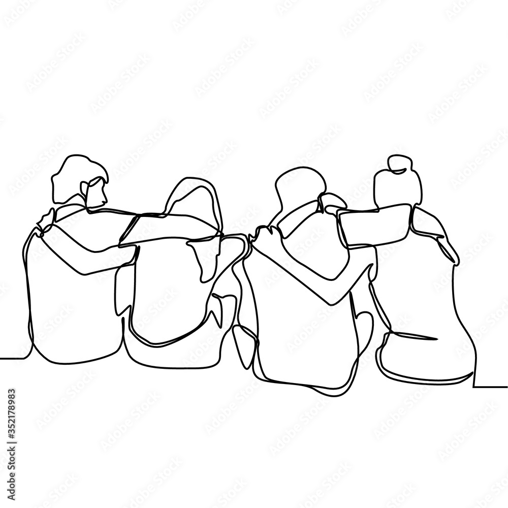 Continuous line drawing of some friends are hugging and celebrating as ...