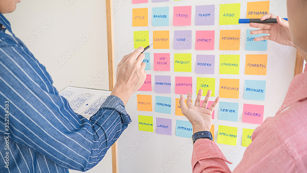 Web designer brainstorming for a strategy plan. Colorful sticky notes ...