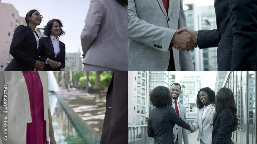 Business partners wearing formal suits, meeting outside and shaking ...