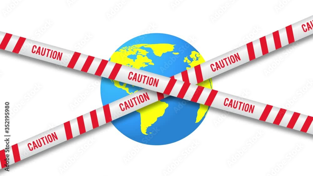 Caution tape danger red and white warnings lines crosswise over Earth ...