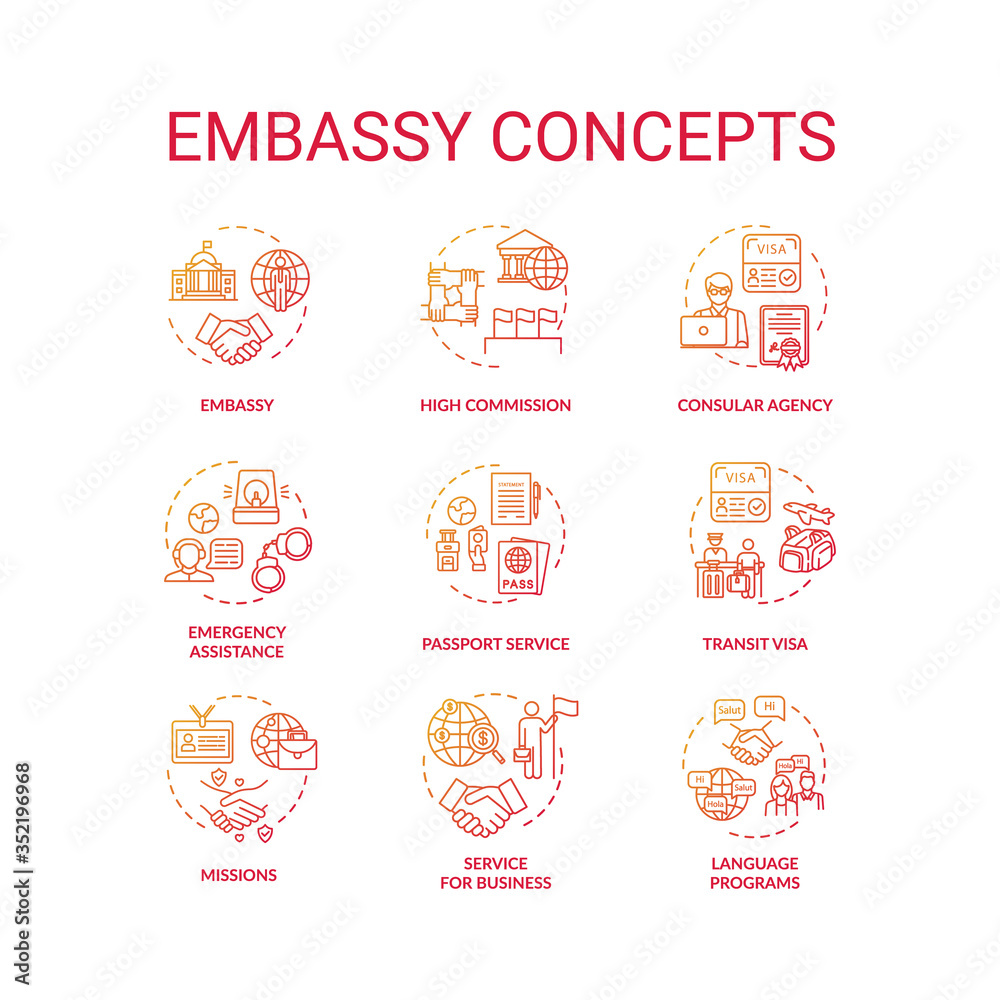 Embassy concept icons set. International relations idea thin line RGB ...