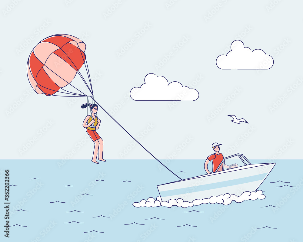 Girl parasailing with parachute in sky over water boat. Extreme summer ...