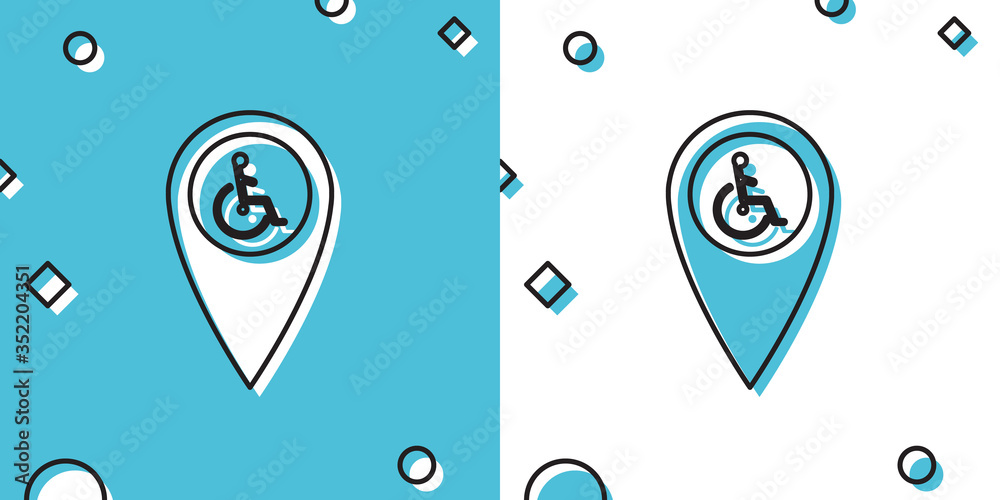 Black Disabled Handicap in map pointer icon isolated on blue and white ...