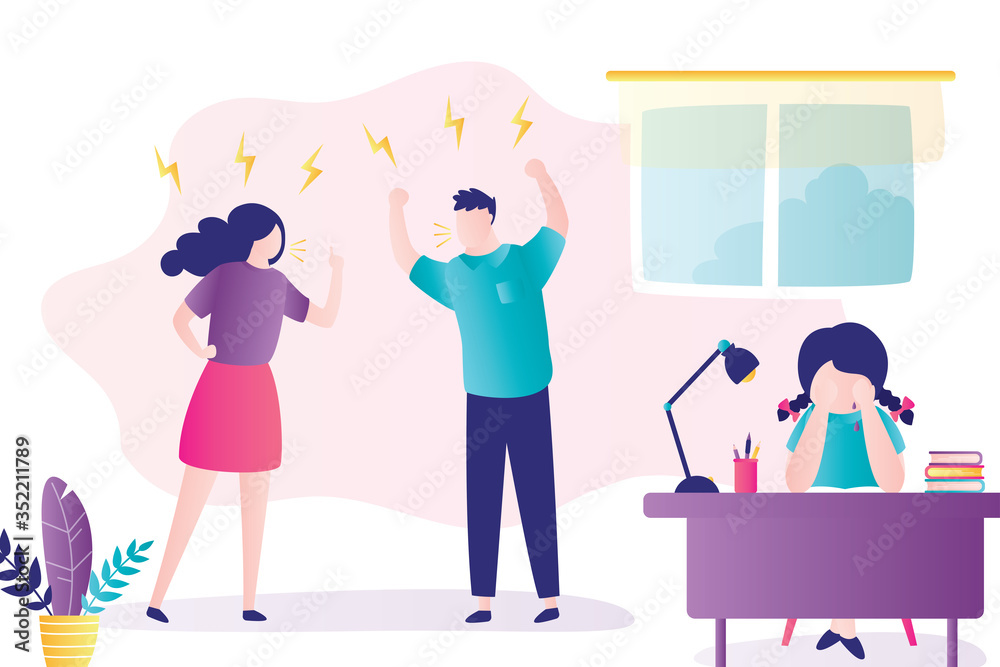 Cartoon angry parents quarrel, girl cries. Quarrel in family. Faceless ...