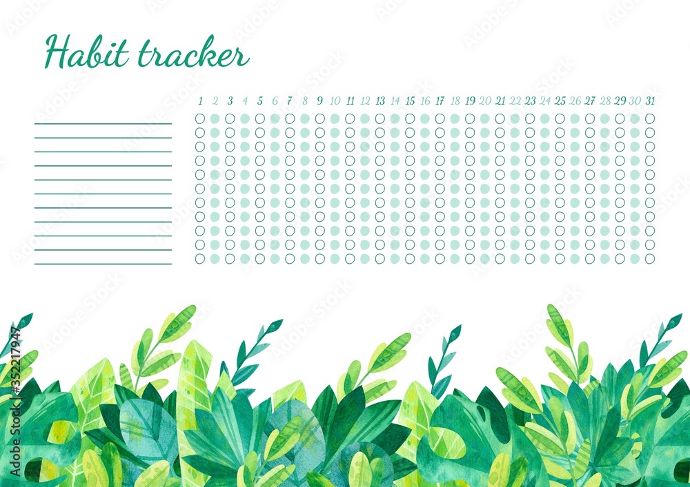 Habit tracker for month template. Tropical leaves themed blank ...