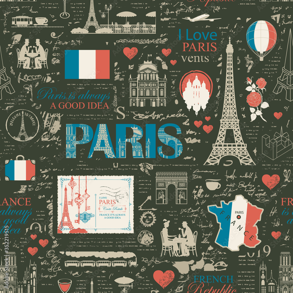 Vector seamless pattern on the France and Paris theme with drawings ...