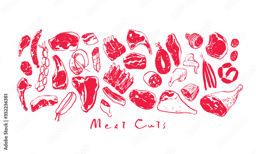 Hand drawn icons of meat cuts and sausages. Meat shop banner design ...