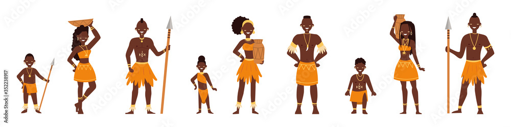 Set of african people. Wild tribes in traditional tribal clothing ...