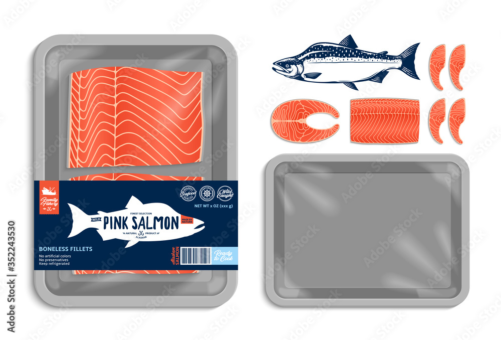 Vector Alaskan pink salmon packaging illustration. Grey foam tray with ...